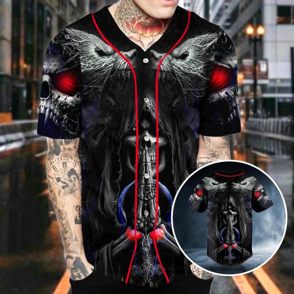 Red Neckline Werewolves Viking Reaper Prayer Skull Baseball Jersey ...