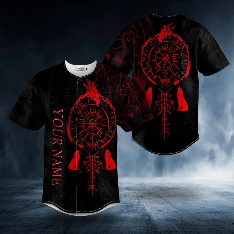 Red Runes Viking Compass Tattoo Custom Baseball Jersey – Skull & Viking ...