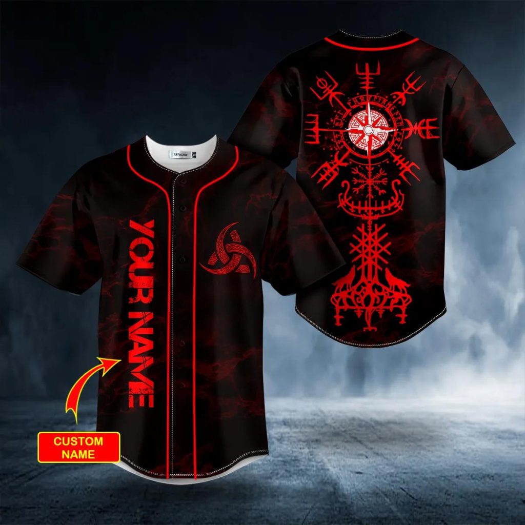 Red Vegvisir Yggdrasill Viking Tattoo Custom Baseball Jersey – Skull ...