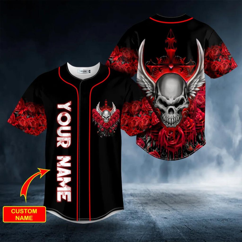 Roses Winged Skull Custom Baseball Jersey – Skull & Viking Graphic Tees ...