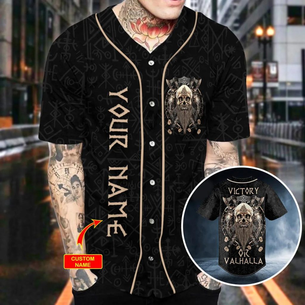 Victory or Valhalla Viking Skull Custom Baseball Jersey – Skull ...