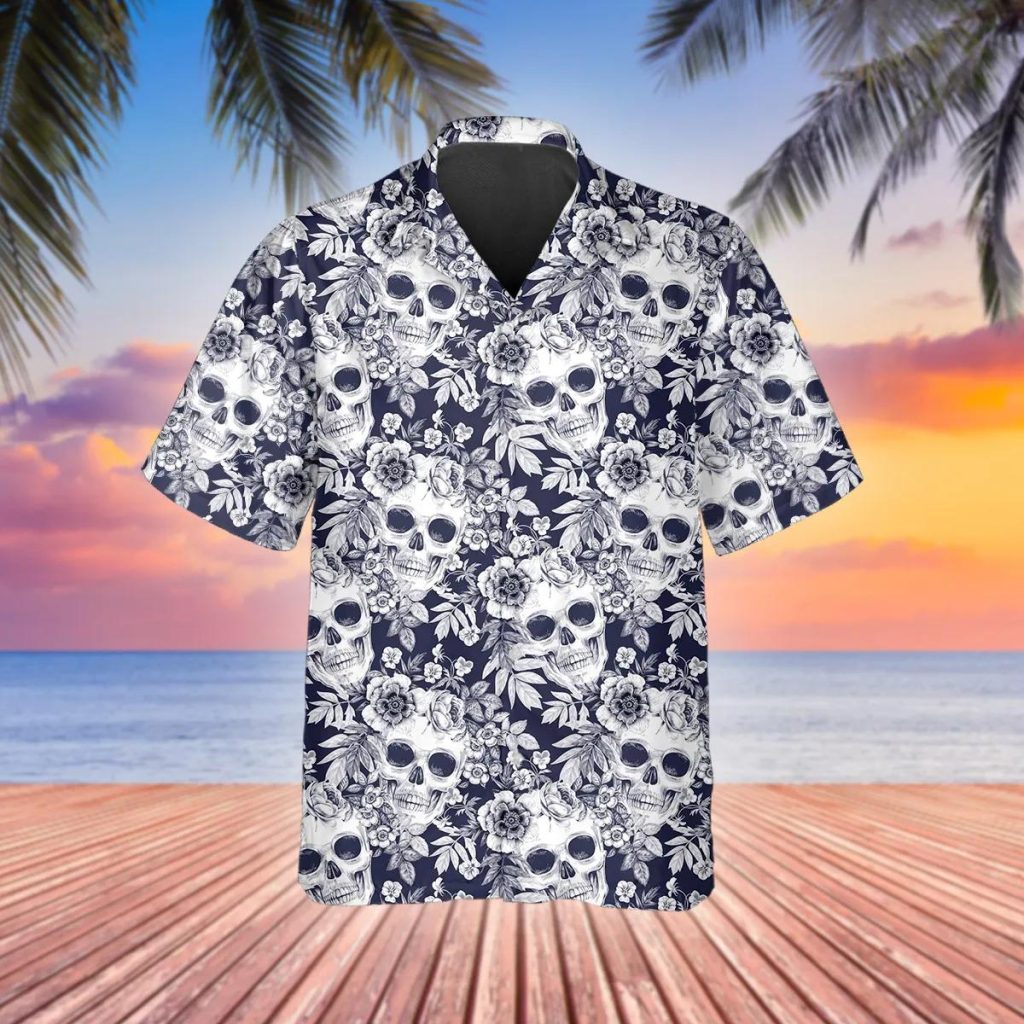 Blue Floral Skull Hawaiian Shirt, Hawaiian Button Up Shirt, Tropical ...