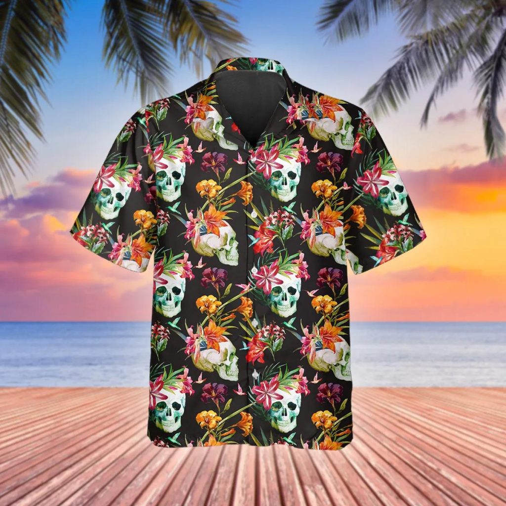 Orange Floral Skull Hawaiian Shirt, Hawaiian Button Up Shirt, Tropical ...