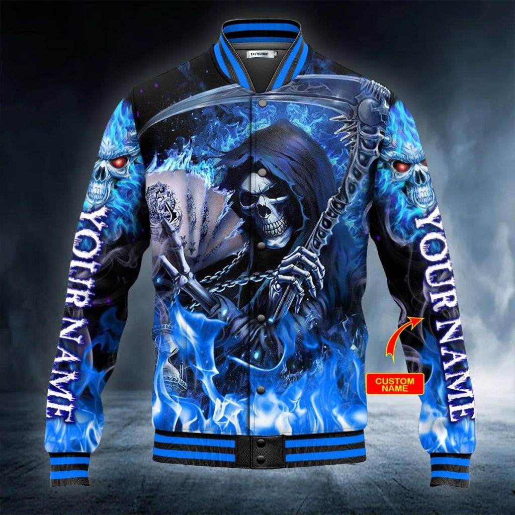 Grim Reaper Death Of Cards Blue Flame Skull Personalized Baseball ...