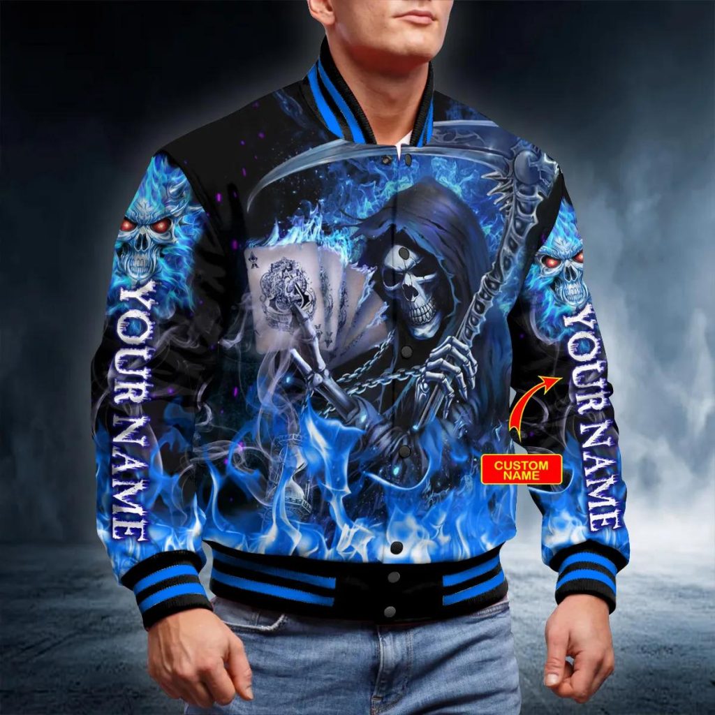 Grim Reaper Death Of Cards Blue Flame Skull Personalized Baseball ...