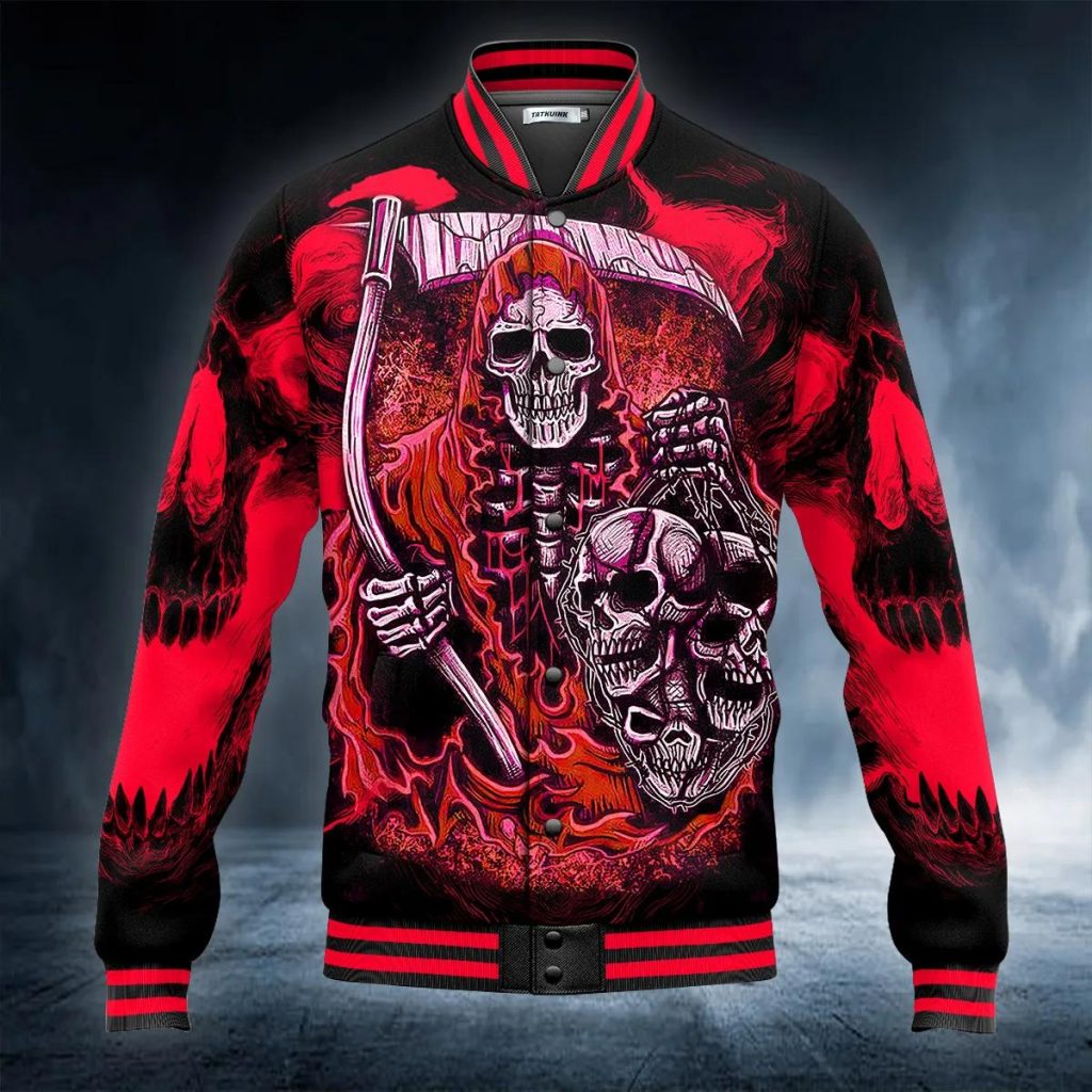 Red The Hunter Grim Reaper Skull Baseball Jacket – Skull & Viking ...