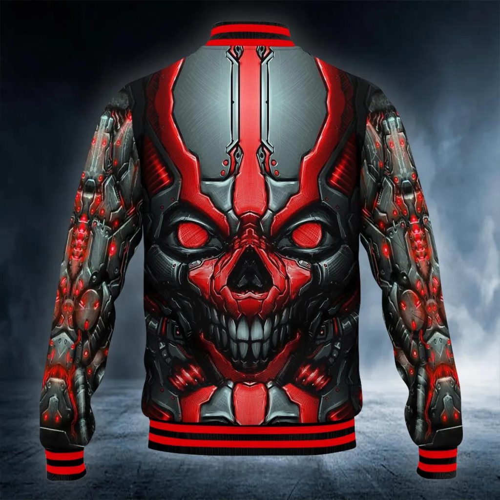 Black N Red Metal Robot Skull Baseball Jacket – Skull & Viking Graphic ...