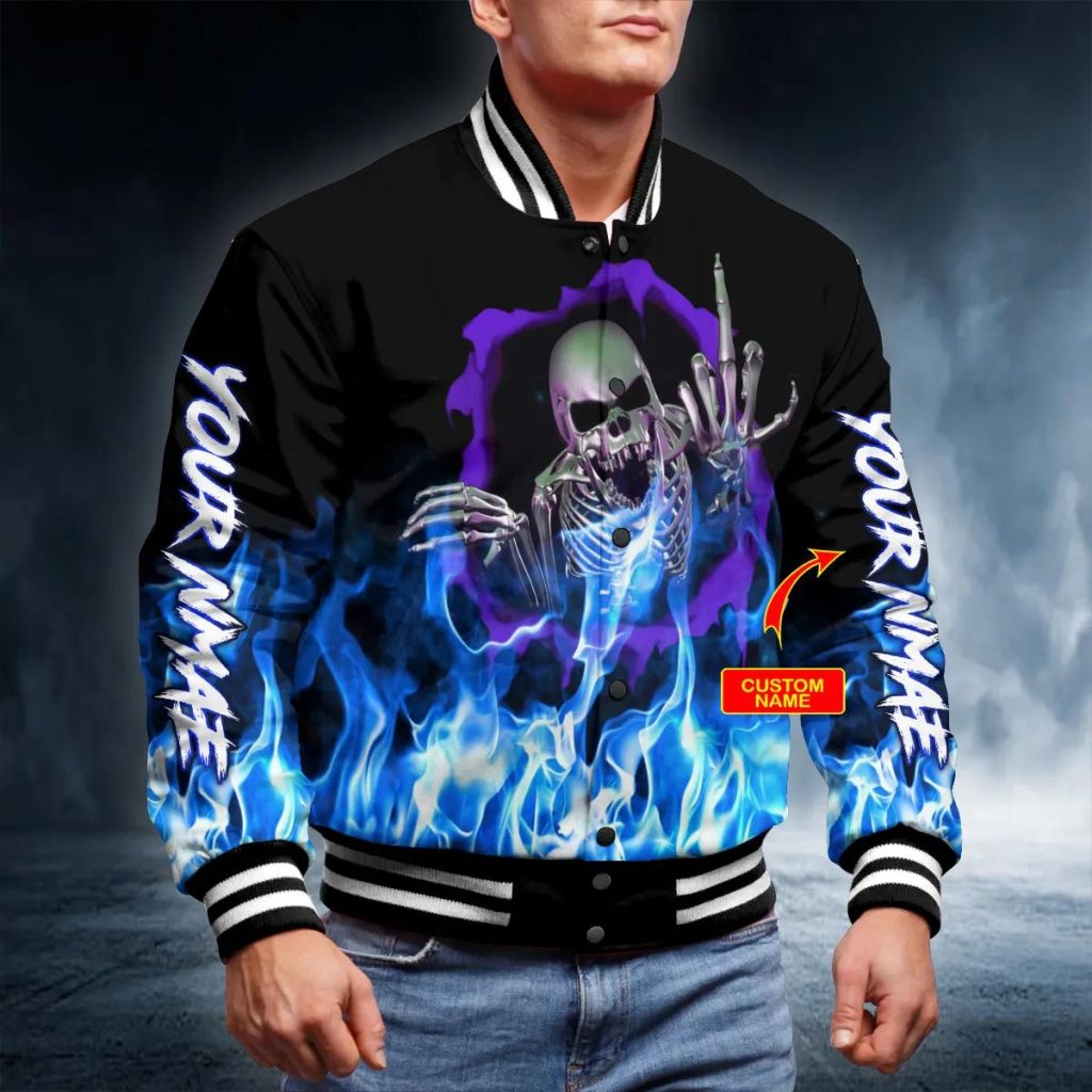 Blue Flame Skeleton Flipping Bird Skull Personalized Baseball Jacket ...