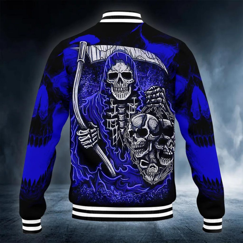 Blue Grim Reaper The Hunter Skull Personalized Baseball Jacket – Skull ...