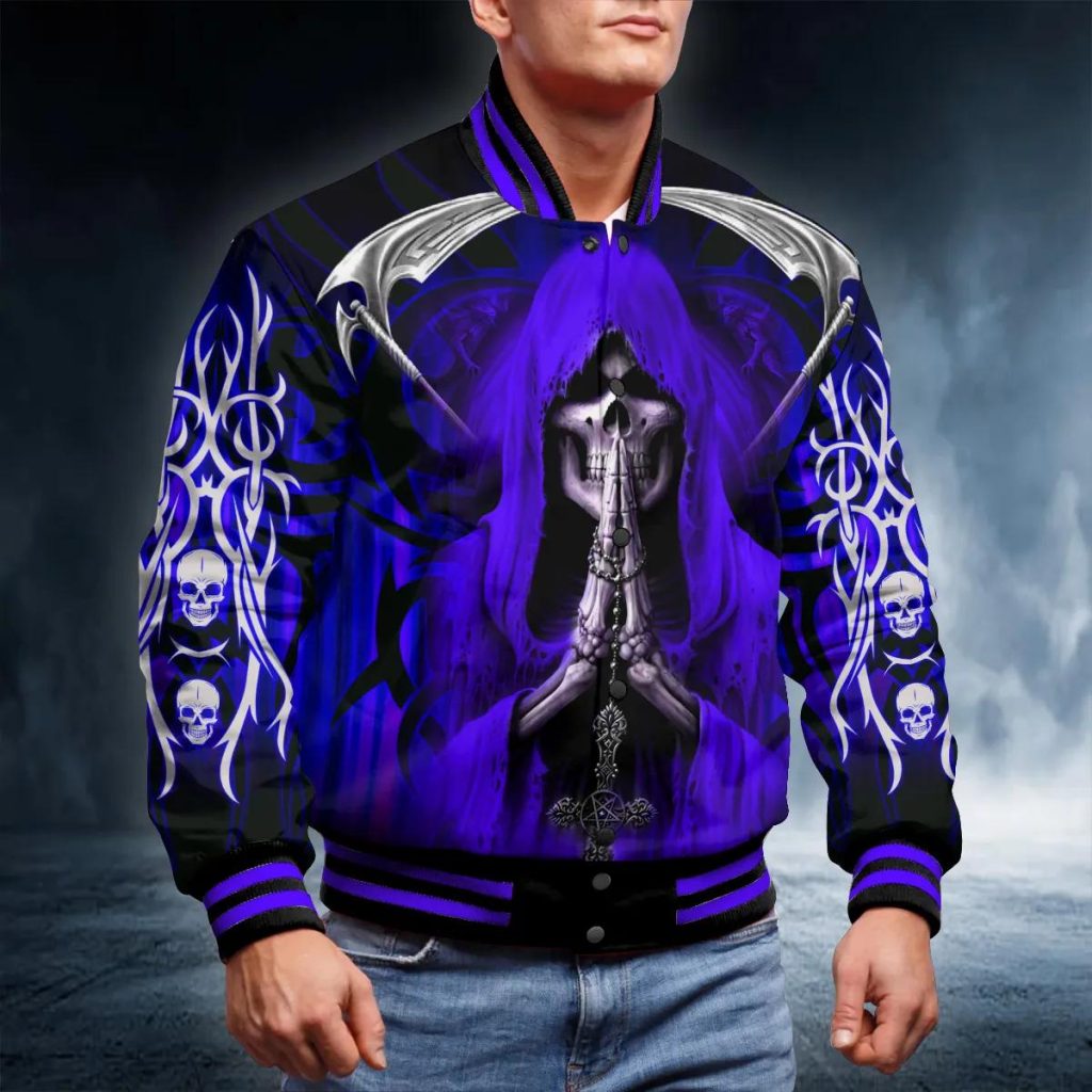 Dark Blue Pray Grim Reaper Skull Baseball Jacket – Skull & Viking ...