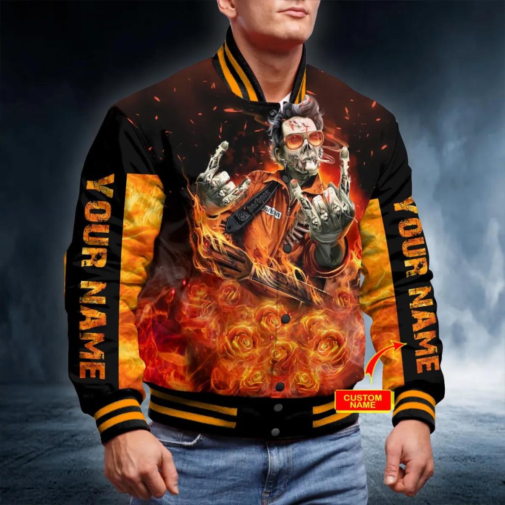 Fire Roses Zombie Roker Skull Personalized Baseball Jacket – Skull ...