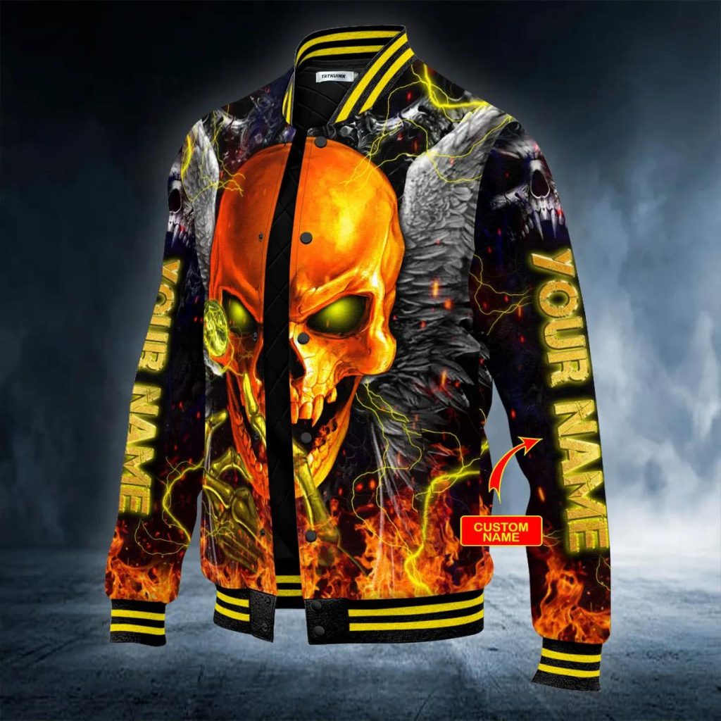 Gold Lucifer Satan Coin Winged Skull Personalized Baseball Jacket ...