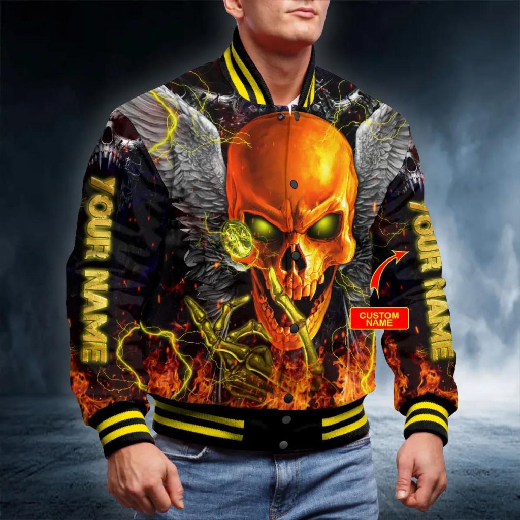 Gold Lucifer Satan Coin Winged Skull Personalized Baseball Jacket ...
