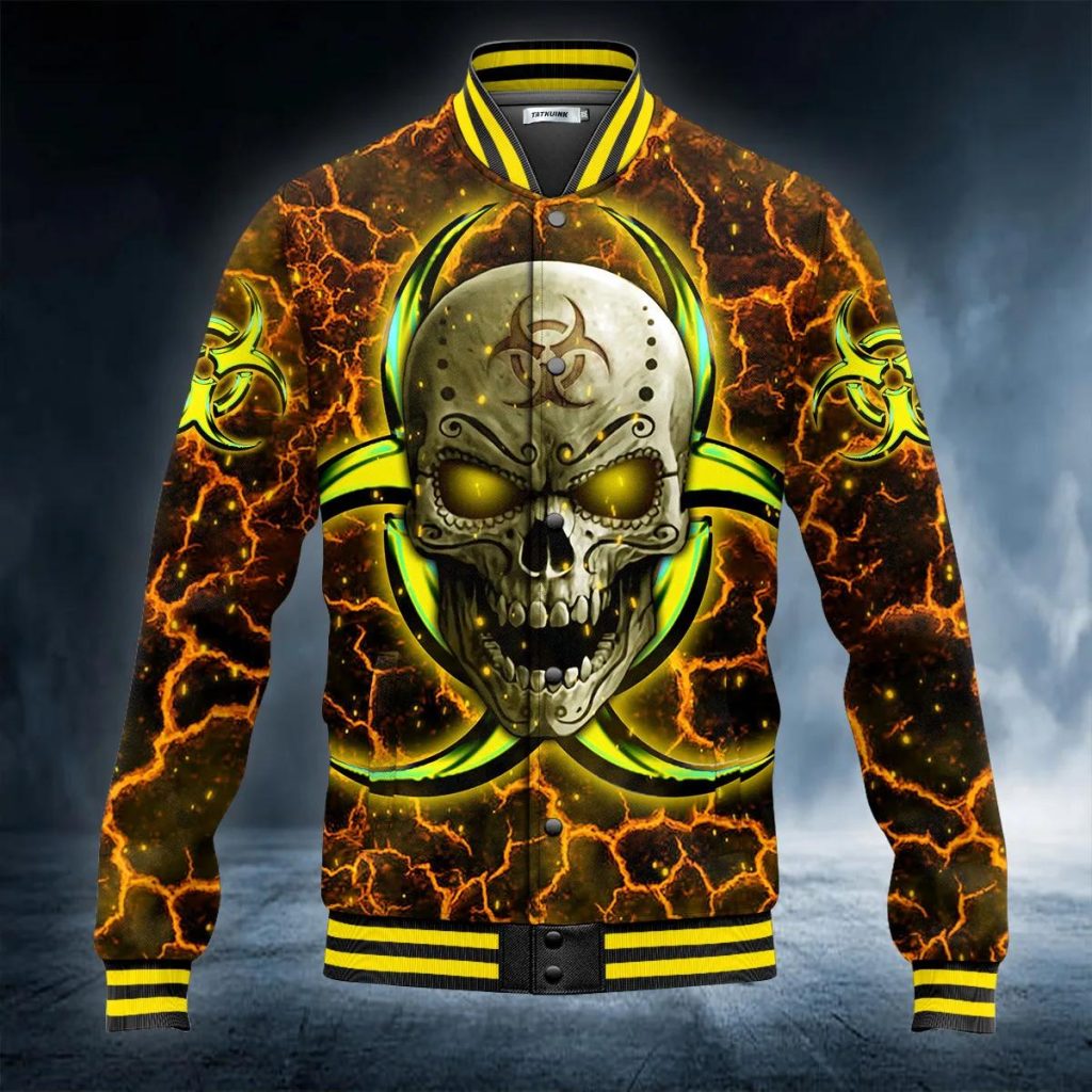 Orange Lightning Biohazard Sugar Skull Baseball Jacket – Skull & Viking ...