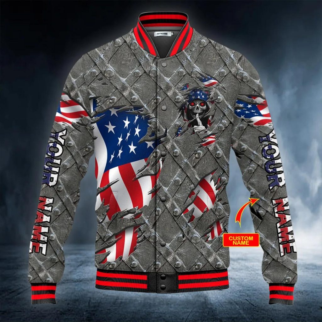 Patriotism American Flag Shh Skull Personalized Baseball Jacket – Skull ...