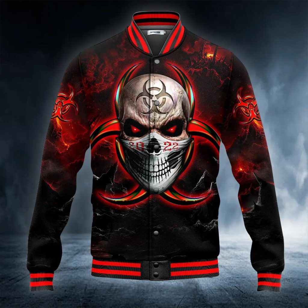 Red Lightning Biohazard Skull Baseball Jacket – Skull & Viking Graphic ...