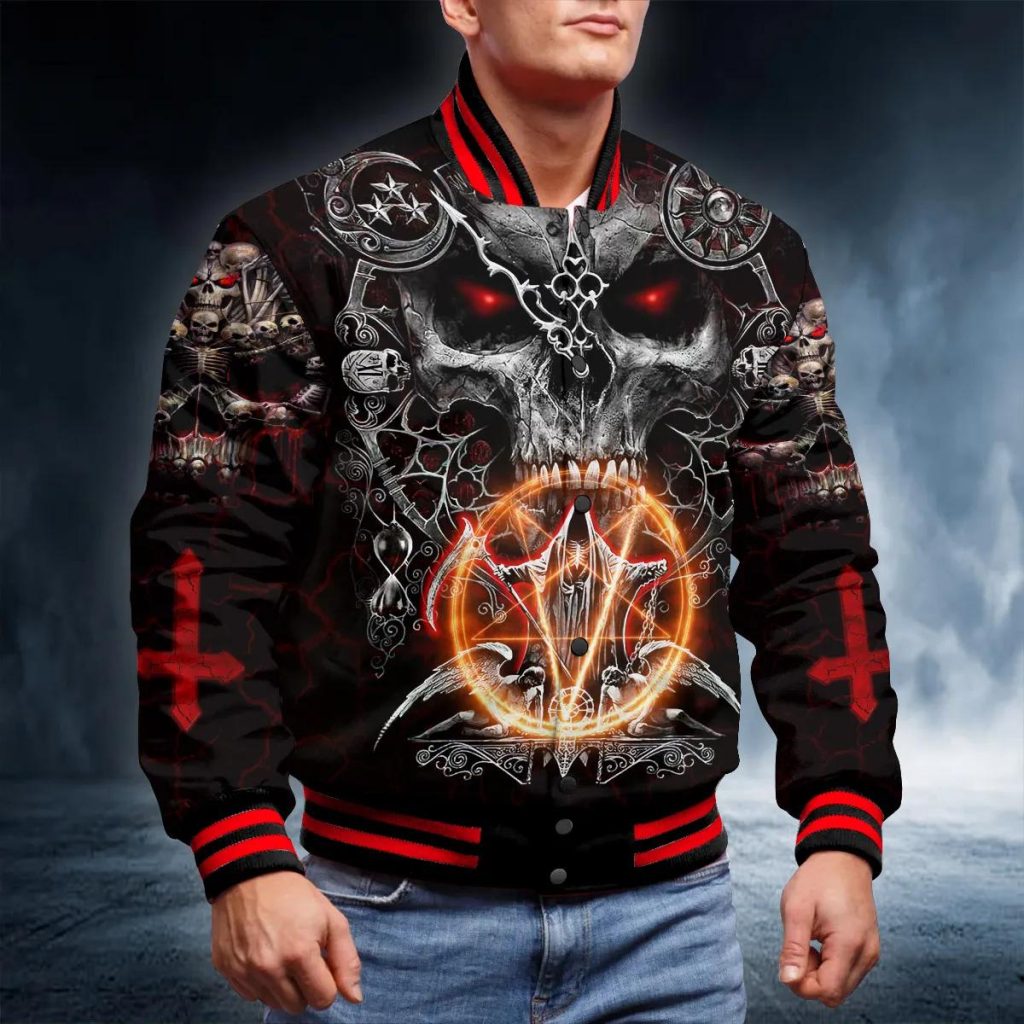 Satanic Power Grim Reaper Skull Baseball Jacket – Skull & Viking ...