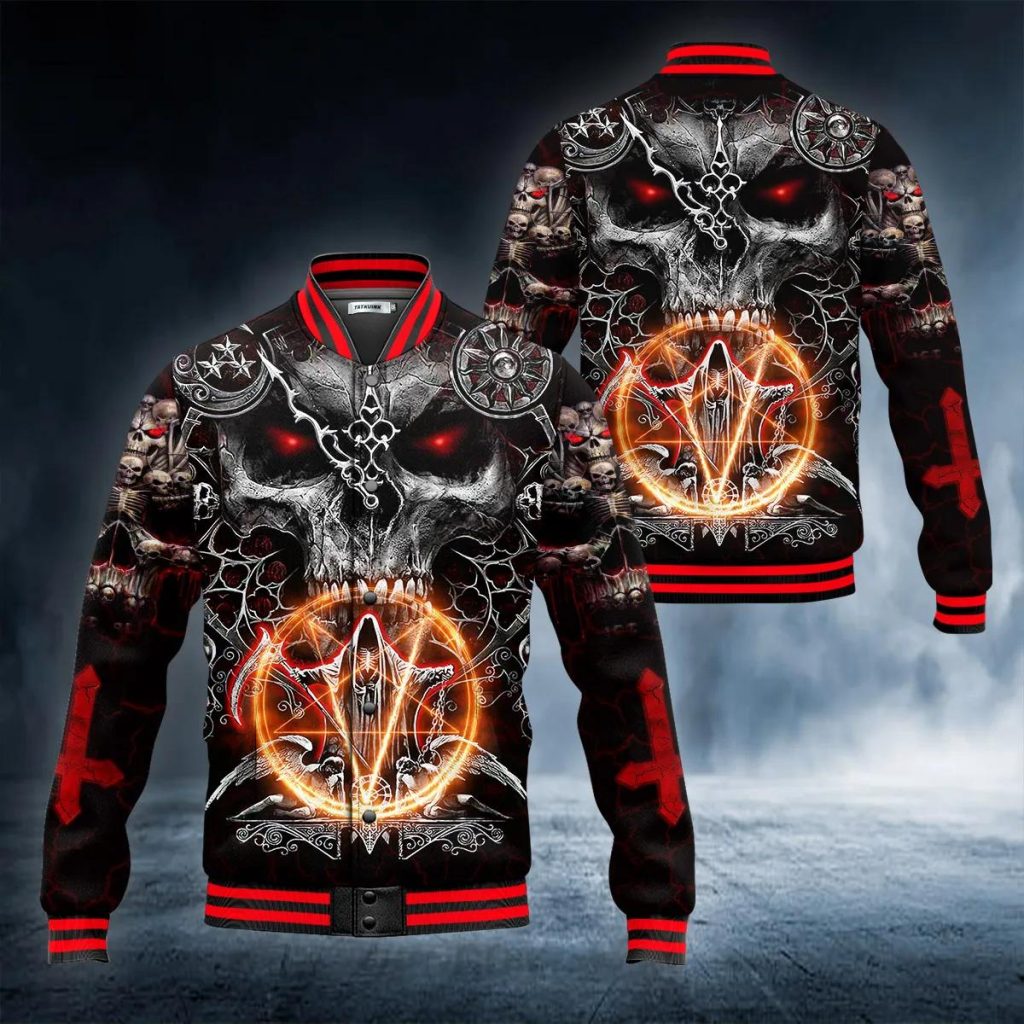 Satanic Power Grim Reaper Skull Baseball Jacket – Skull & Viking ...