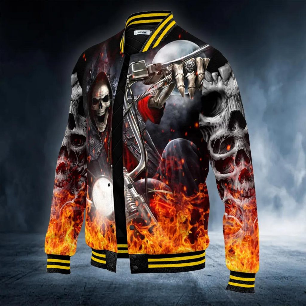 Skeleton Racer Fire Skull Baseball Jacket – Skull & Viking Graphic Tees ...
