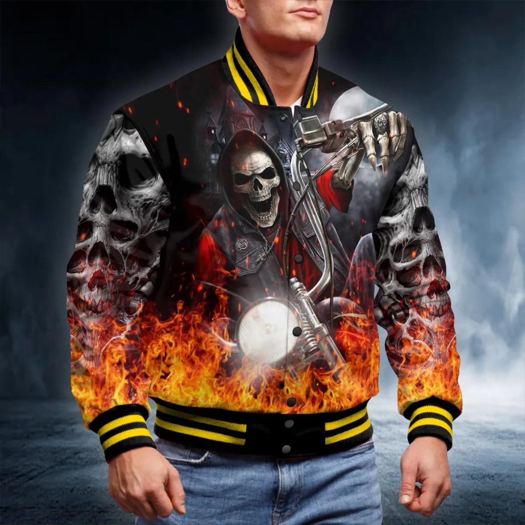 Skeleton Racer Fire Skull Baseball Jacket – Skull & Viking Graphic Tees ...