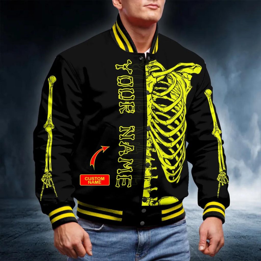 Yellow Bones Skeleton Skull Personalized Baseball Jacket – Skull ...