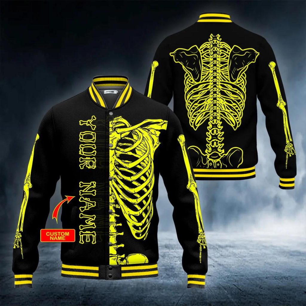 Yellow Bones Skeleton Skull Personalized Baseball Jacket – Skull ...
