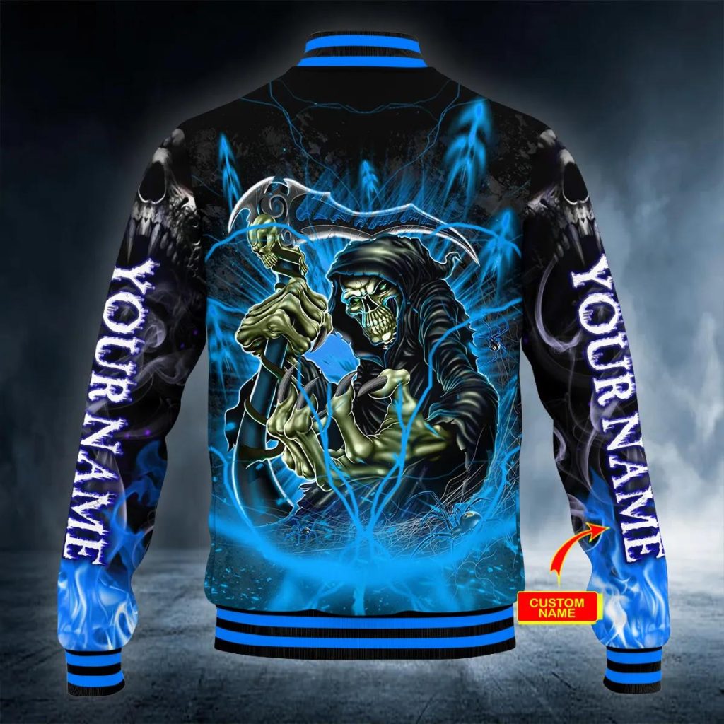 Blue Neon Voodoo Life Reaper Skull Personalized Baseball Jacket – Skull ...