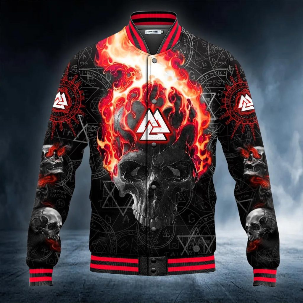 Head Fire Viking Pattern Rune Symbol Baseball Jacket – Skull & Viking ...