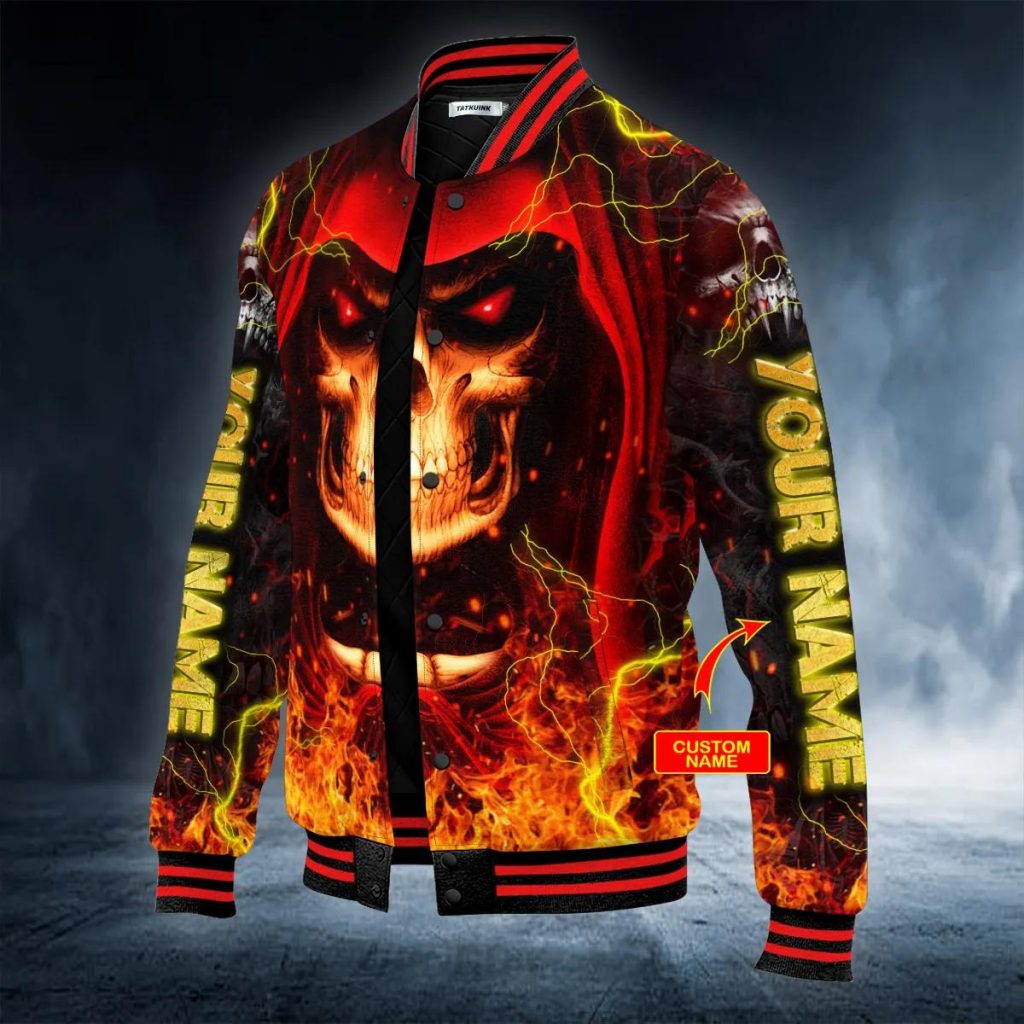 Red Grim Reaper Flaming Skull Personalized Baseball Jacket – Skull ...
