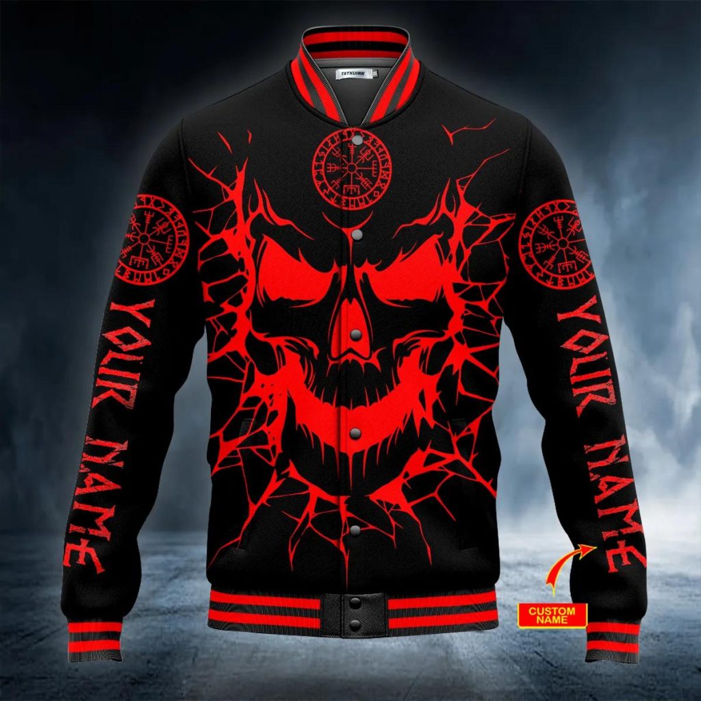 Red Vegvisir Viking Compass With Skull Personalized Baseball Jacket ...