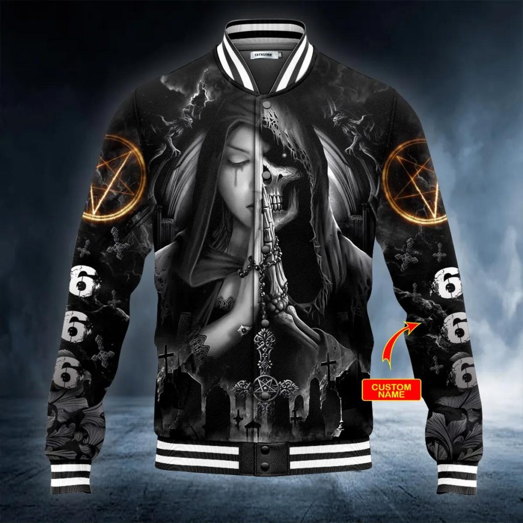 Satanic Grim Reaper N Prayer Skull Personalized Baseball Jacket – Skull ...