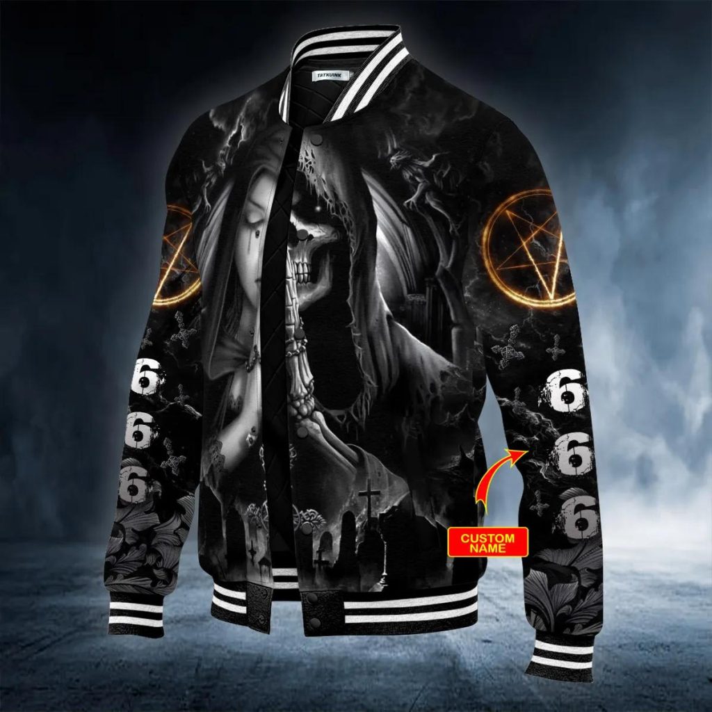 Satanic Grim Reaper N Prayer Skull Personalized Baseball Jacket – Skull ...