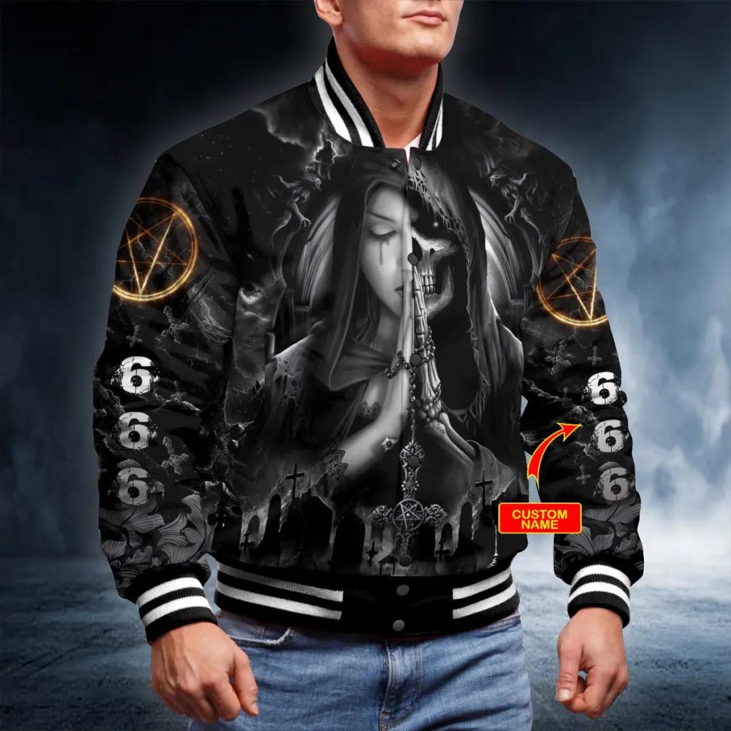 Satanic Grim Reaper N Prayer Skull Personalized Baseball Jacket – Skull ...