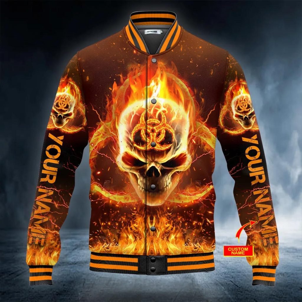 Biohazard Skull On Fire Personalized Baseball Jacket – Skull & Viking ...