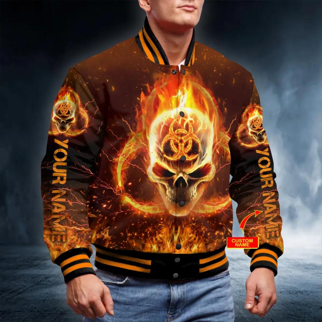 Biohazard Skull On Fire Personalized Baseball Jacket – Skull & Viking ...