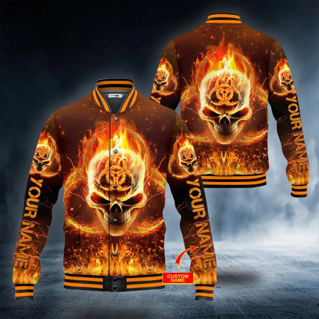 Biohazard Skull On Fire Personalized Baseball Jacket – Skull & Viking ...