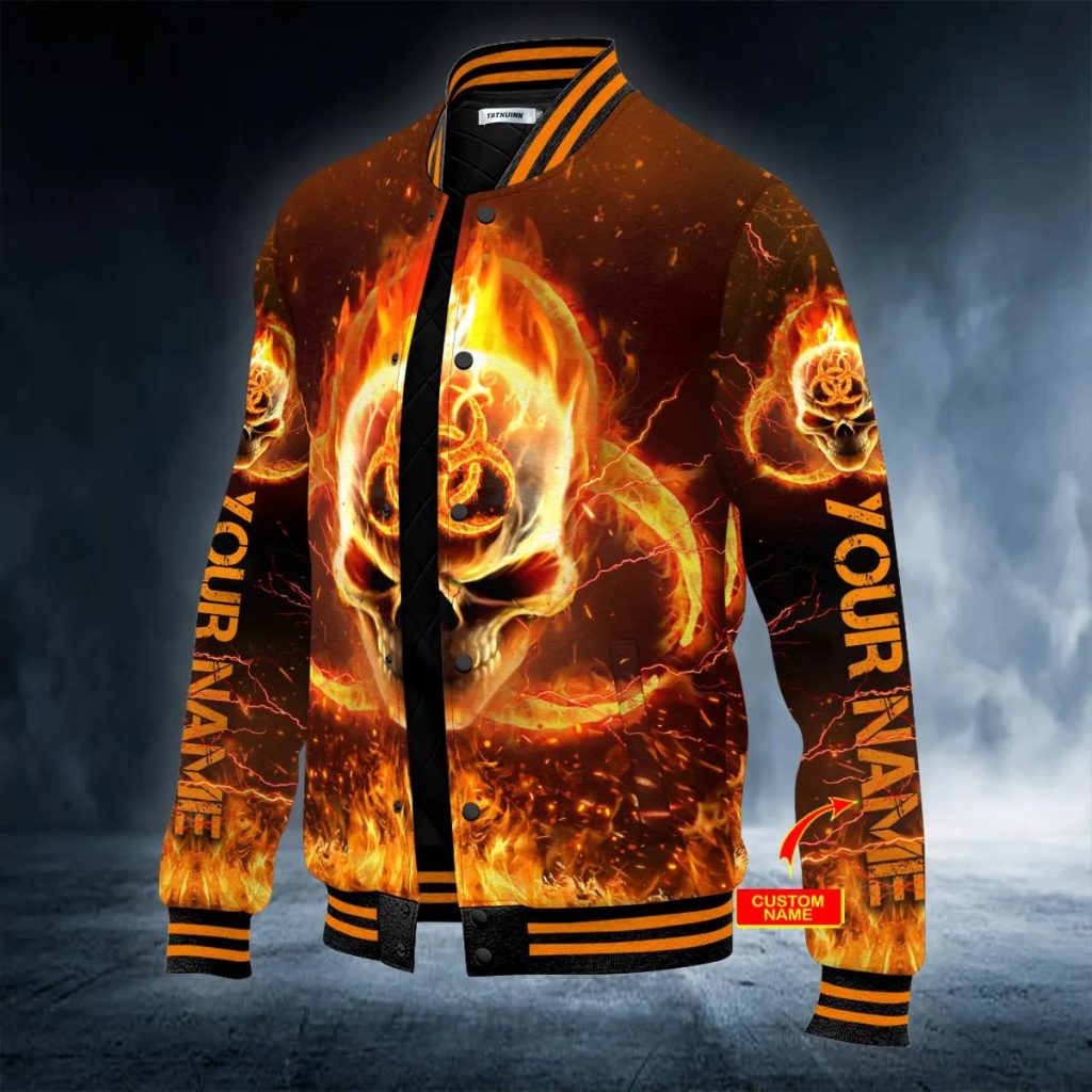 Biohazard Skull On Fire Personalized Baseball Jacket – Skull & Viking ...