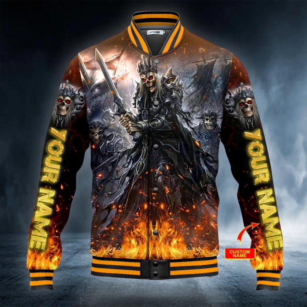 Skull Warrior Battle On Fire Personalized Baseball Jacket – Skull ...