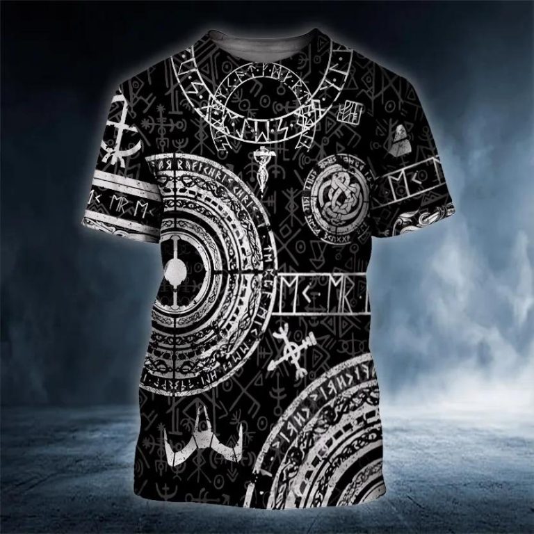 Black White Norse Runes Viking Tattoo 3D T Shirt, Viking T Shirts Mens ...