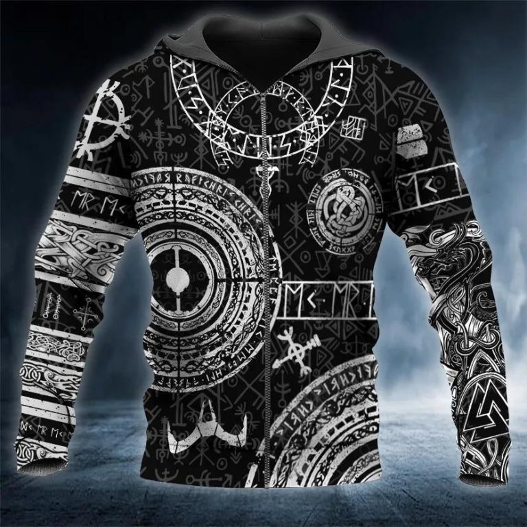 Black White Norse Runes Viking Tattoo 3D Zip Hoodie – Skull & Viking ...
